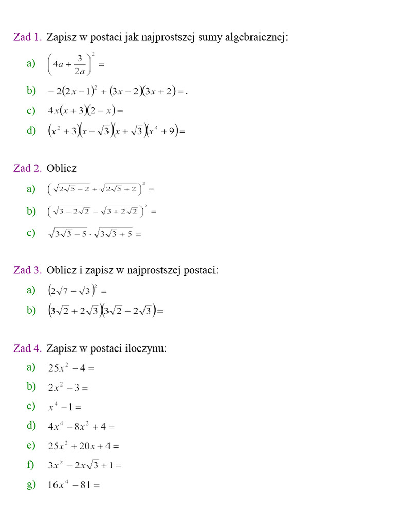 Wzory Skróconego Mnożenia - Zadania | PDF