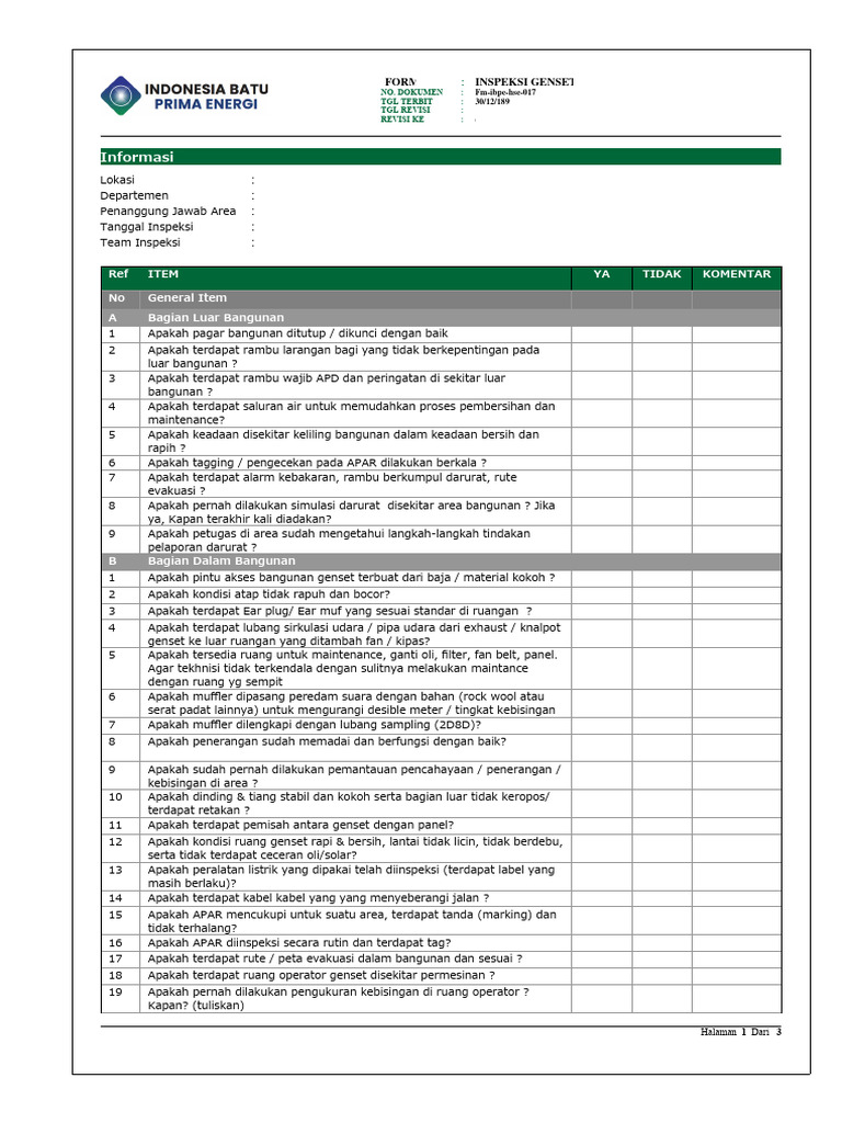 FM-IBPE-HSE-017 Form Inspeksi Genset | PDF