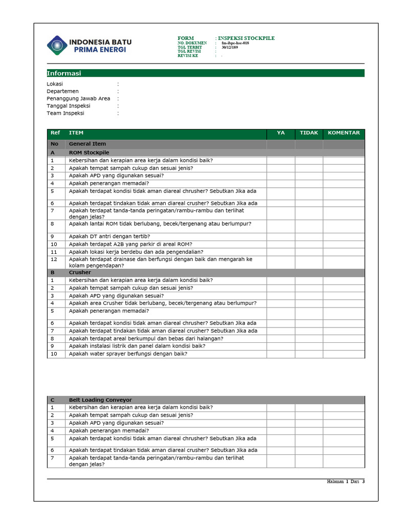 Formulir Inspeksi Stockpile dan Crusher | PDF