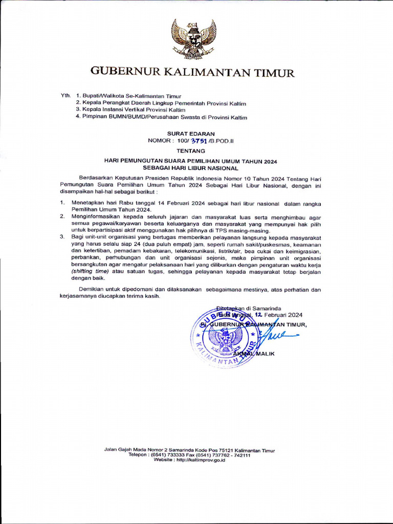 Surat Edaran Hari Pemungutan Suara Pemilihan Umum Tahun 2024 Sebagai Hari Libur Nasional | PDF