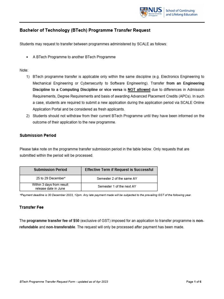 NUS SCALE Programme and Course Transfer Request Form | PDF | Technical ...