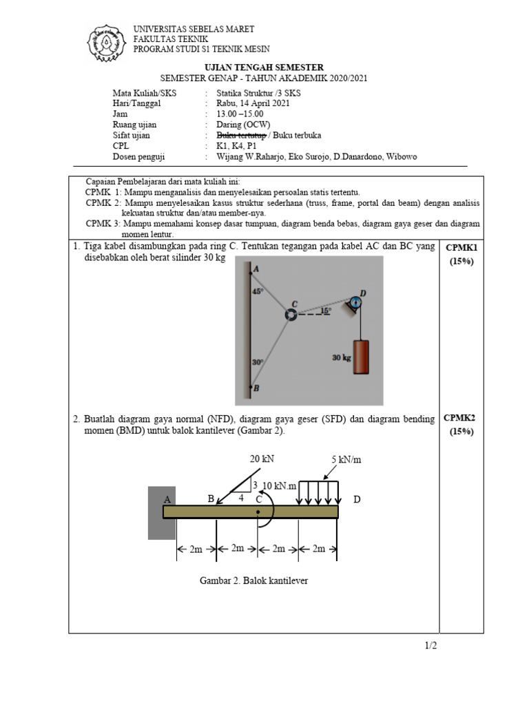 Soal UTS Statika Struktur - Genap 2020-2021 | PDF