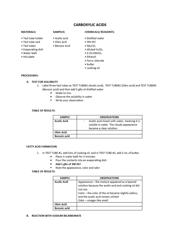 CARBOXYLIC ACIDS Lab Guide 1 | PDF | Acid | Hydrochloric Acid