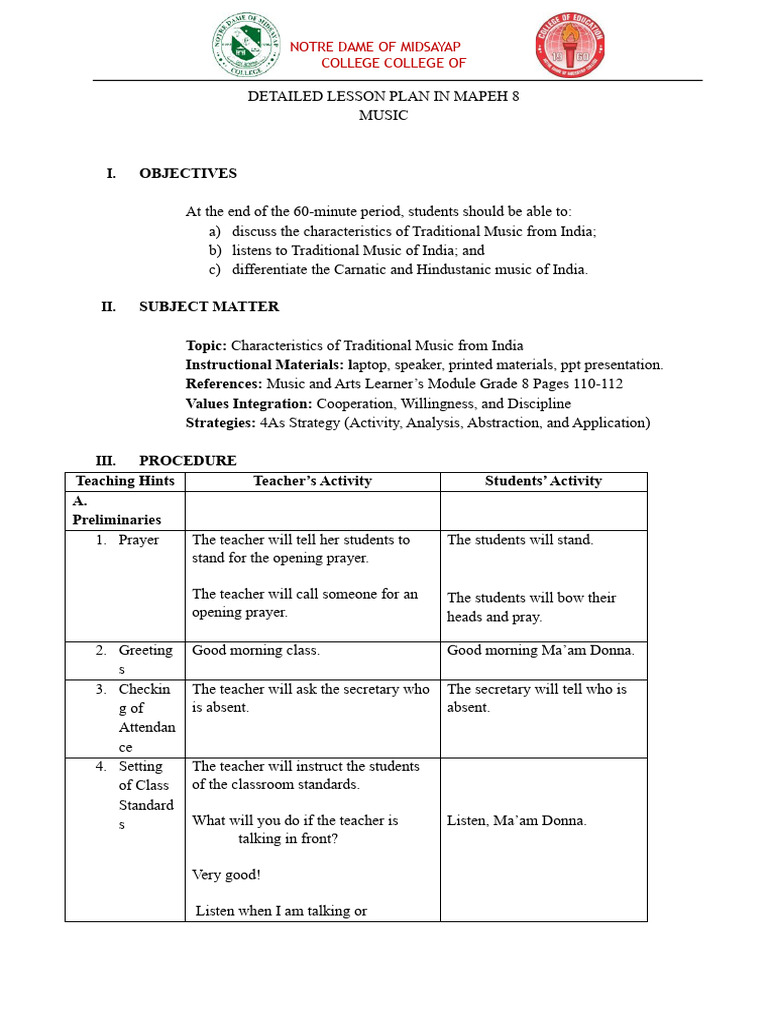 Traditional Music of India Lesson Plan | PDF | Teachers | Performing Arts