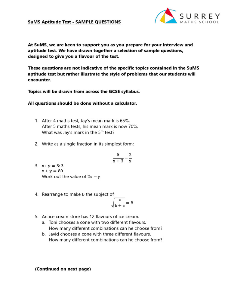 SuMS Sample Aptitude Test QUESTIONS | Download Free PDF | Mathematics