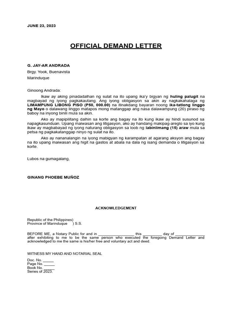 Demand Letter (Tagalog) | PDF