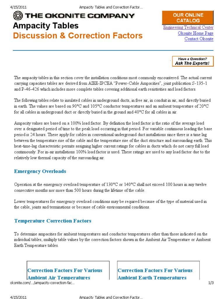 Ampacity Tables and Correction Factors - Okonite Electrical Wire ...
