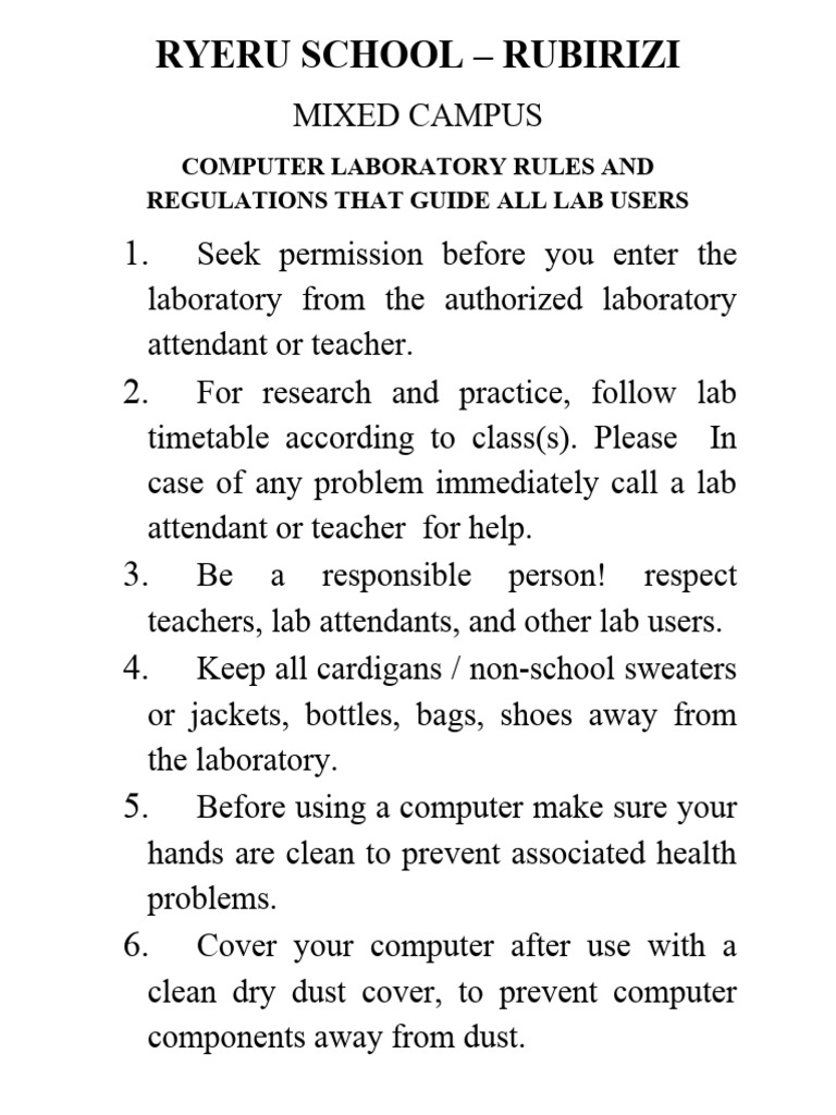 Ryeru School - Rubirizi: Computer Laboratory Rules and Regulations That ...