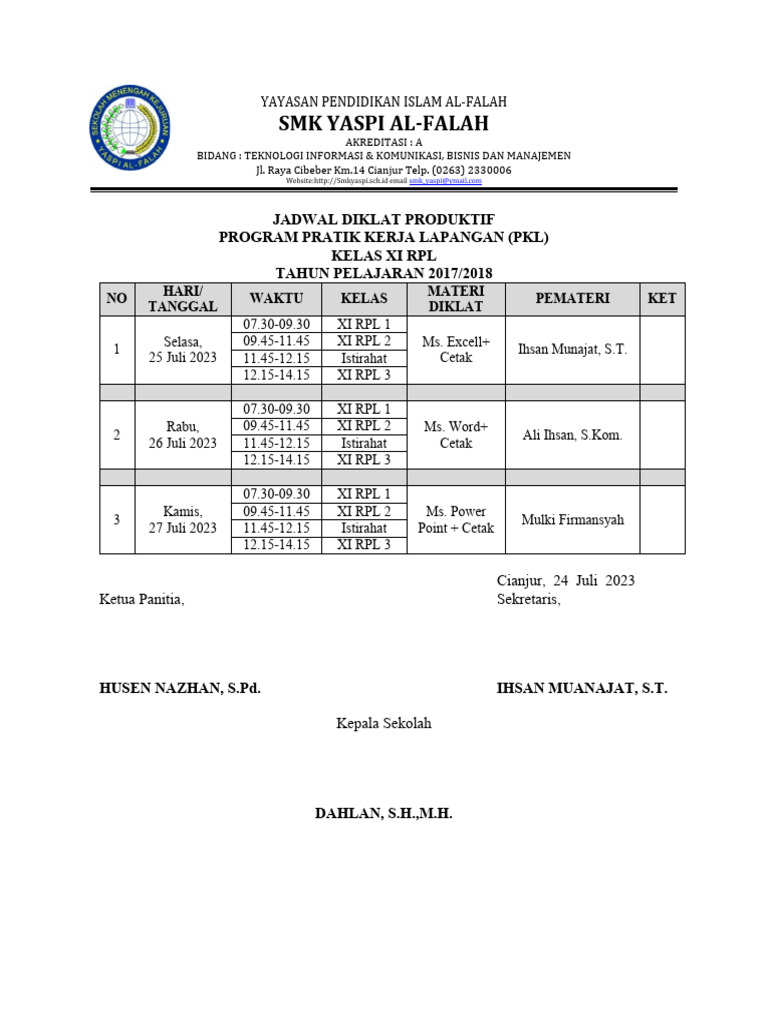 Jadwal Kegiatan PKL | PDF