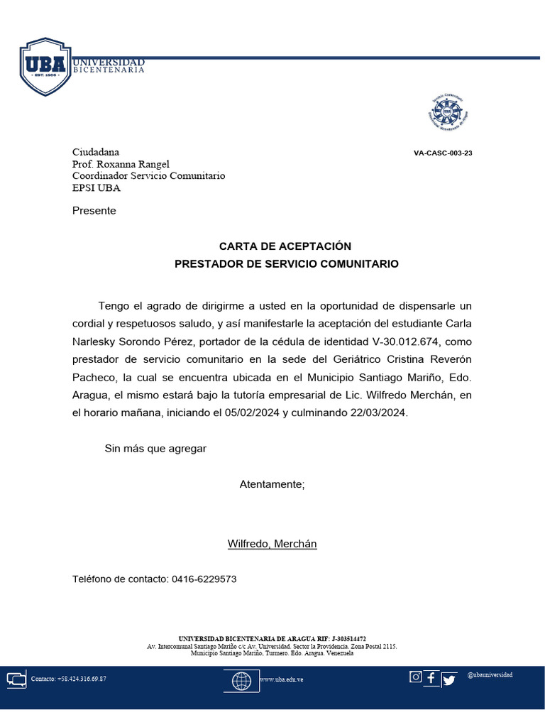 Carta de Aceptación UBA 2023-3 Integrada VA-CASC-003-23. Carla Sorondodoc | PDF