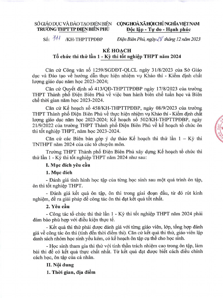 711 KH THPTTPĐBP Kế hoạch tổ chức thi thử lần 1 kỳ thi TNTHPT năm 2024 | PDF