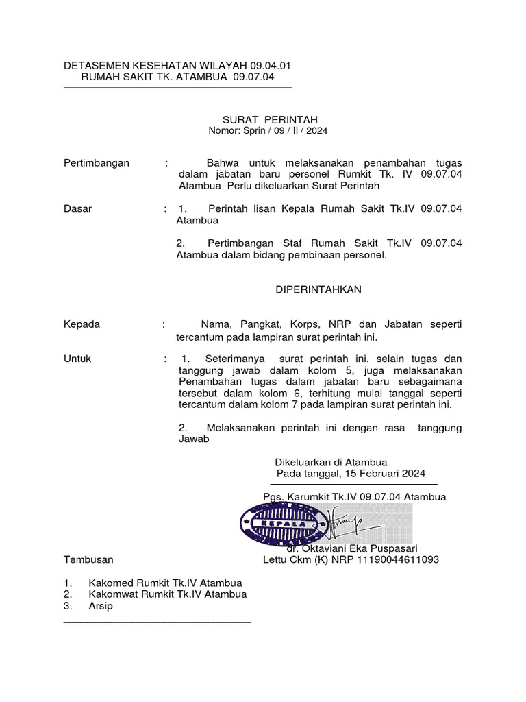 Sprin Penempatan Jabatan Baru Karu RS Tk. Iv Atambua Ta 2024 | PDF