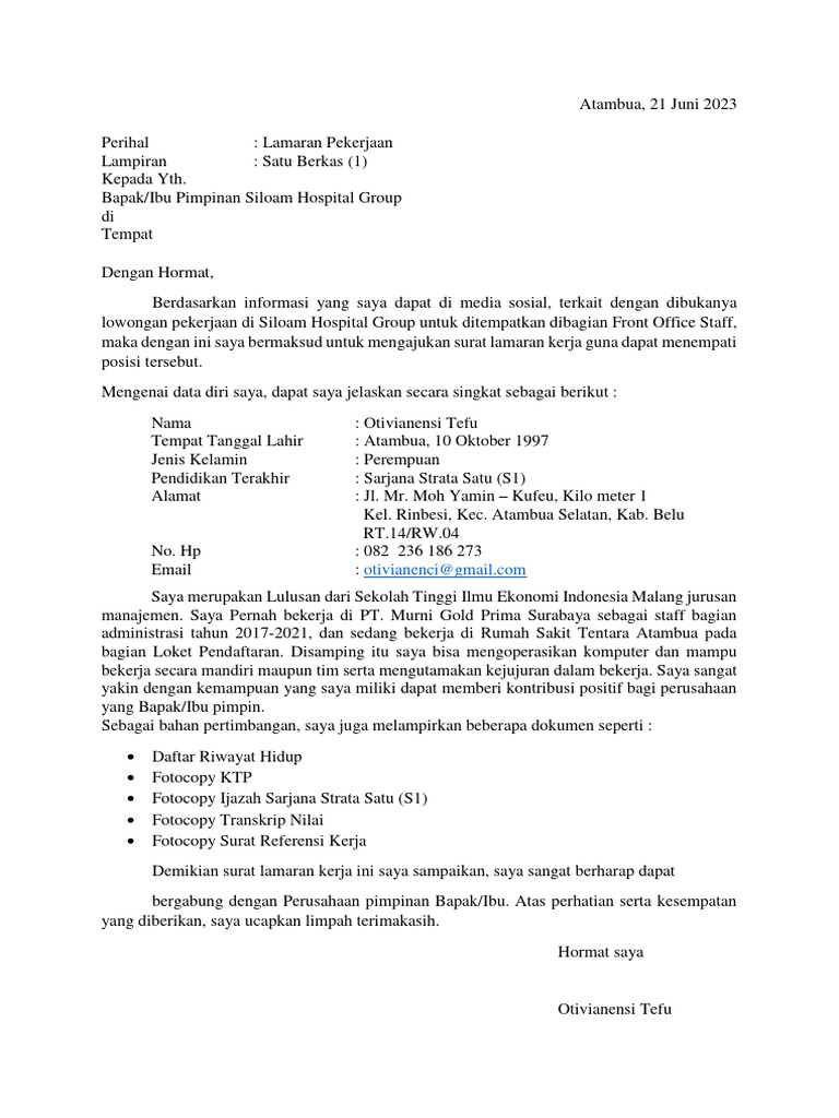 Lamaran Front Office Siloam Hospital | PDF