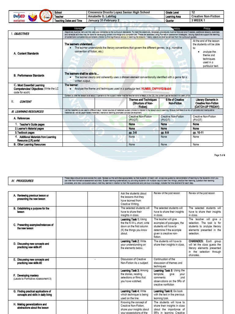 DLL Creative Non-Fiction Week 1 With Reflection | PDF | Learning | Teachers
