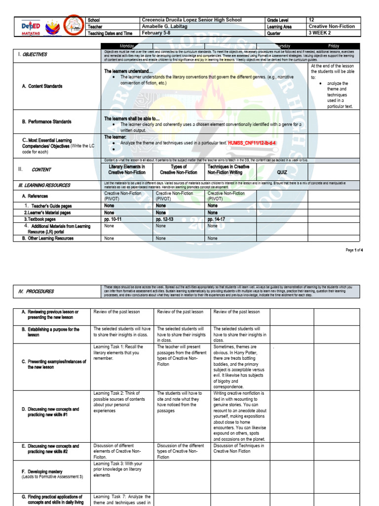 DLL Creative Non-Fiction Week 2 With Reflection | PDF | Learning | Creative Nonfiction