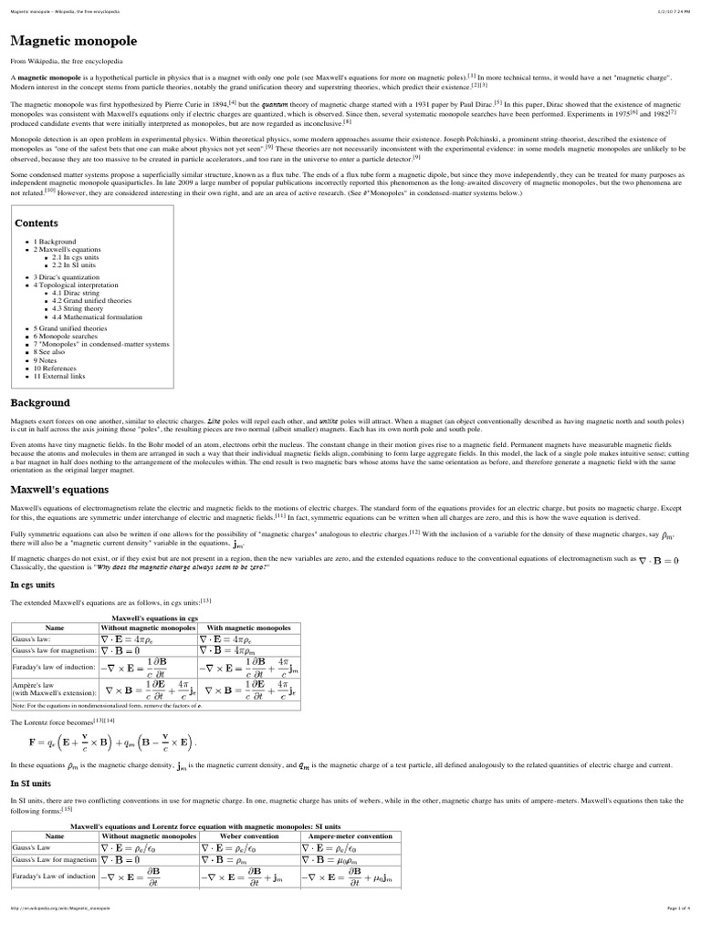 Magnetic Monopole - Wikipedia, The Free Encyclopedia | PDF | Magnetic ...