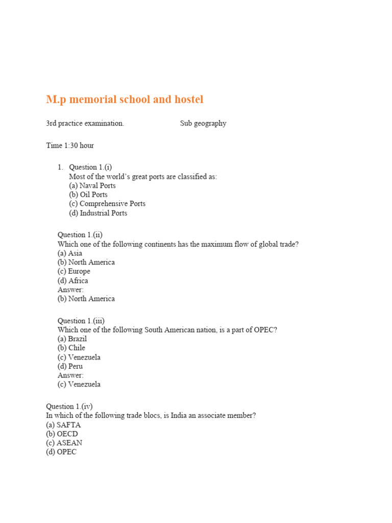 3rd Practice Set Geography | PDF | Canal | Port
