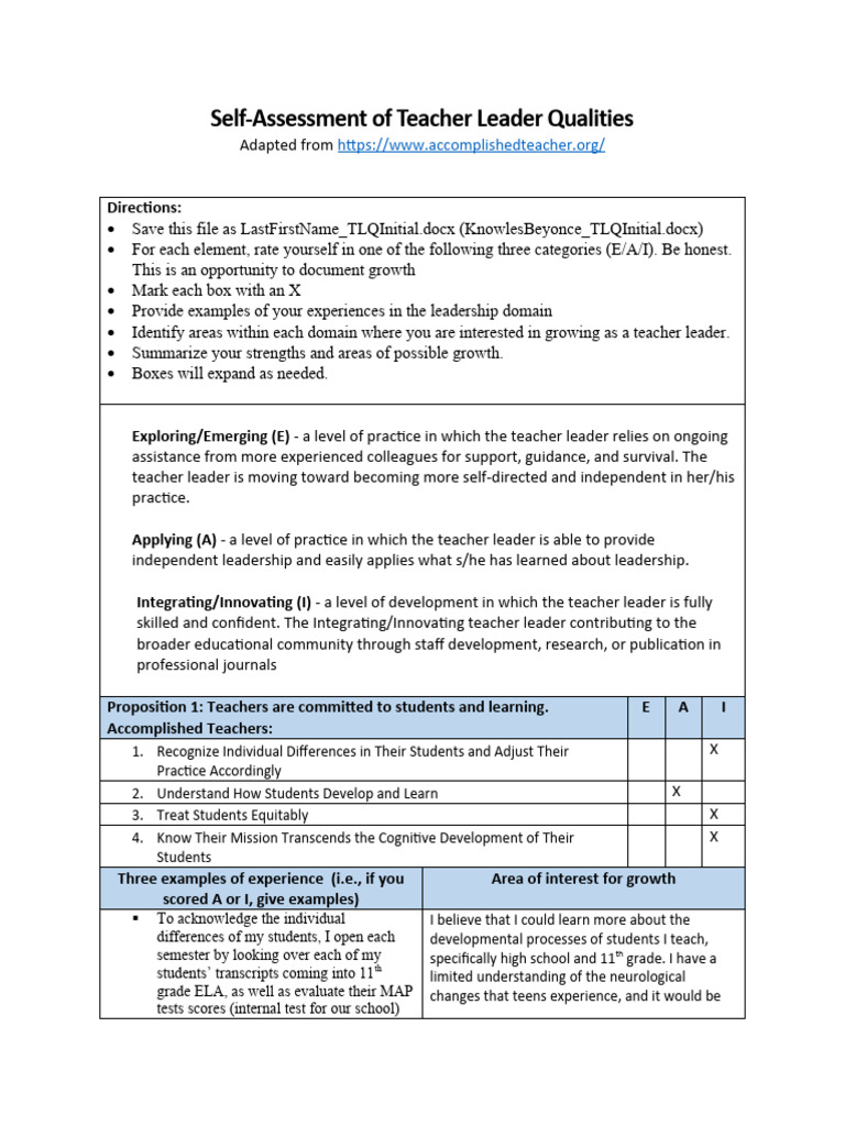 Sleadevan Nbpts Initselfassessment | PDF | Teachers | Learning