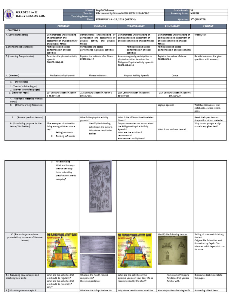 DLL - Mapeh 6 - Q3 - W4 | PDF | Learning | Cognitive Science