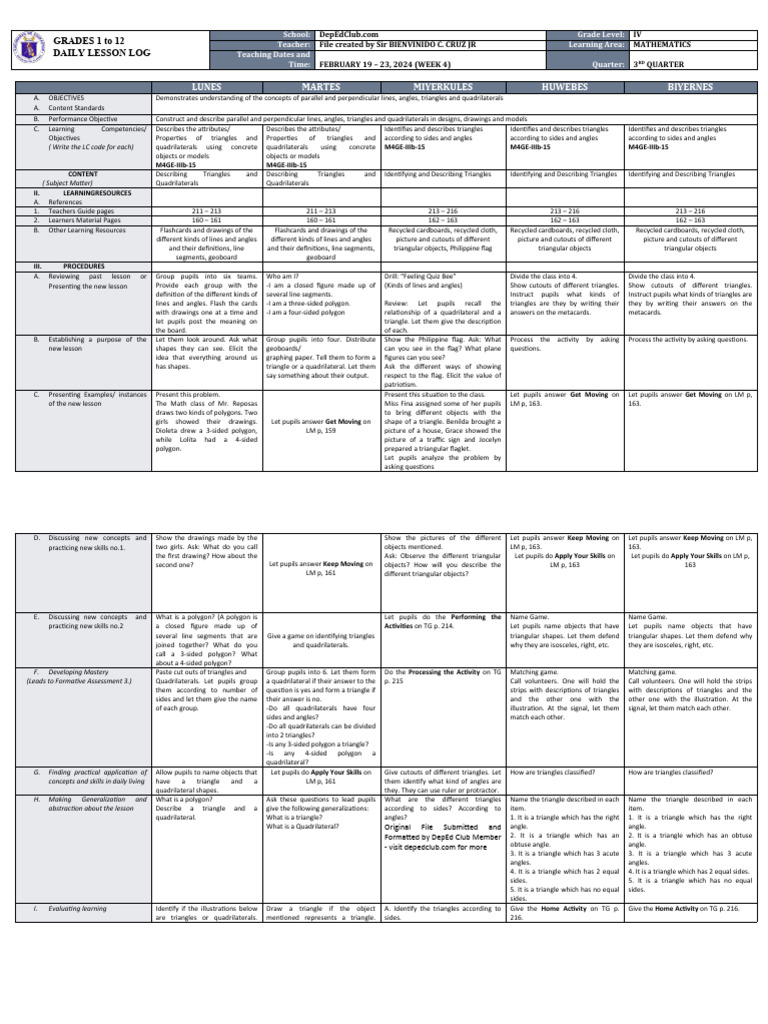 DLL - Mathematics 4 - Q3 - W4 | PDF | Triangle | Shape