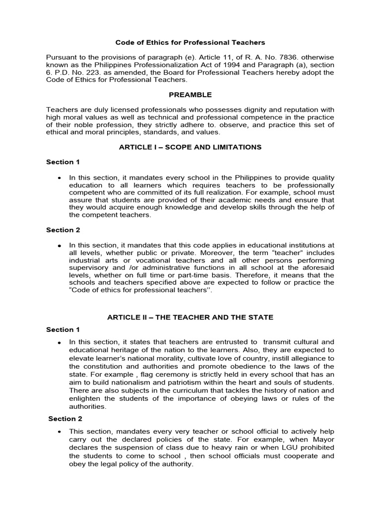 Code of Ethics For Professional Teachers (AutoRecovered) | PDF | Teachers | Learning
