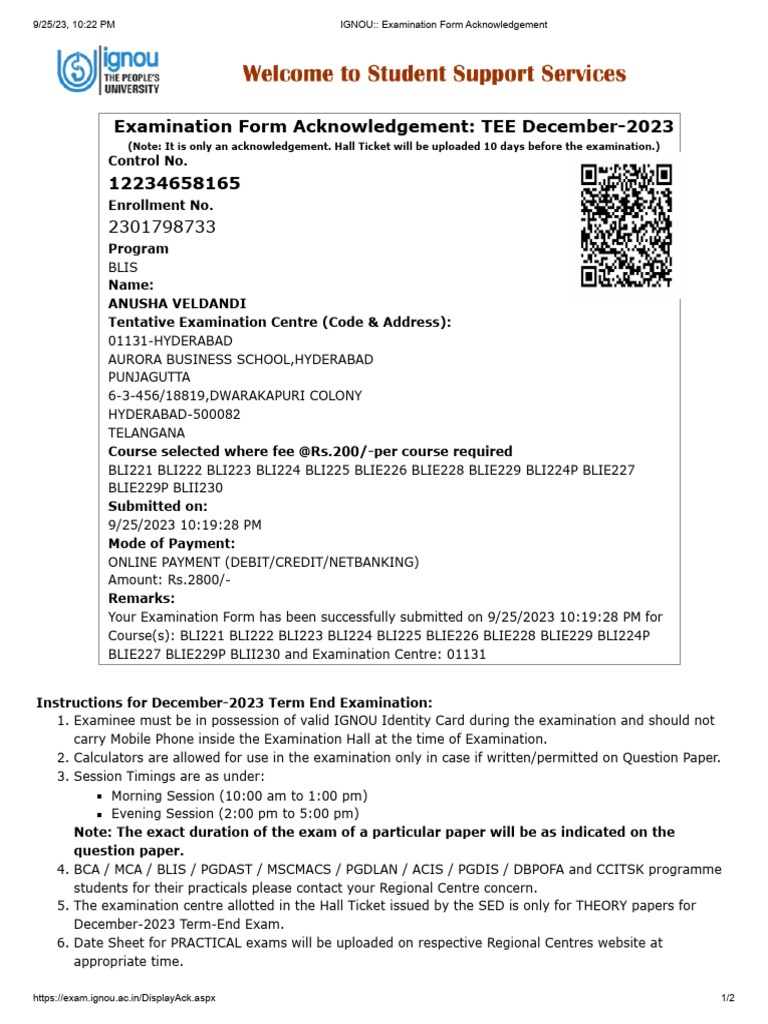 IGNOU - Examination Form Acknowledgement | PDF | Payments | Banking ...
