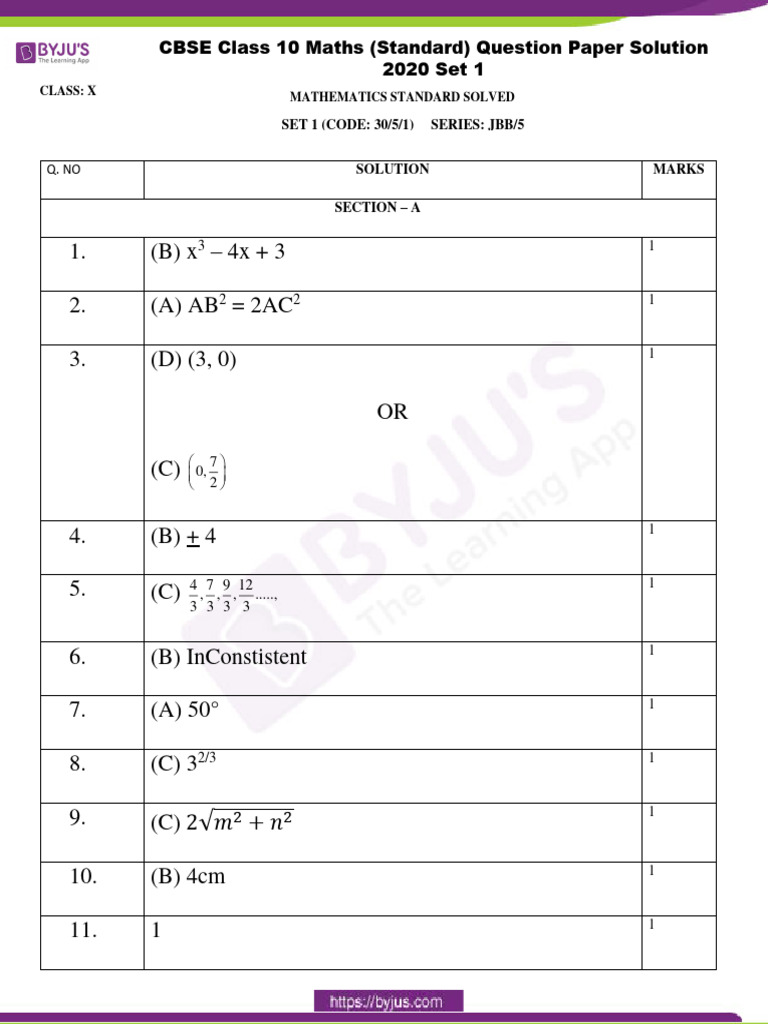 Cbse Class 10 Maths Standard Question Paper Solution 2020 Set 1 | PDF ...