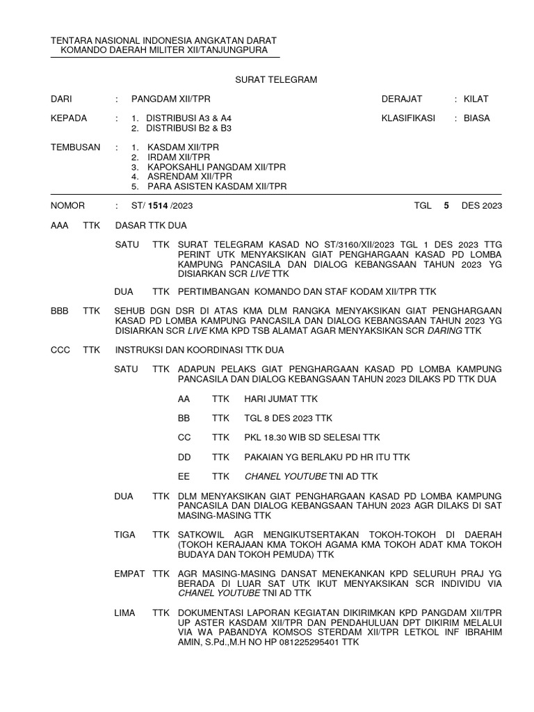 ST Giat Menyaksikan Penghargaan Kasad Lomba Kampung Pancasila Dan Dialog Kebangsaan 2023 | PDF