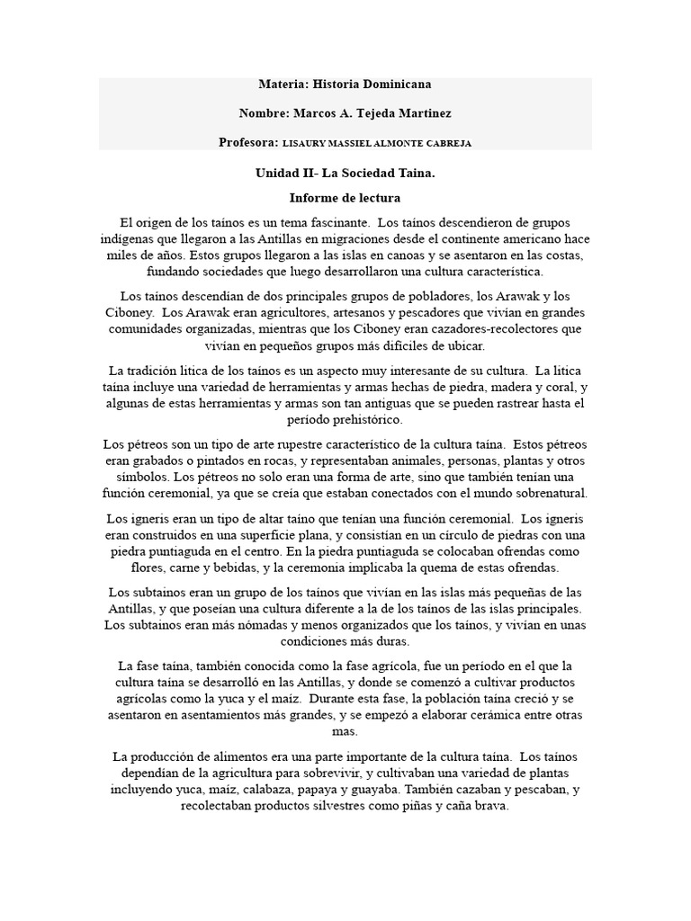 Informe de La Sociedad Taina | PDF | Agricultura | Sociedad