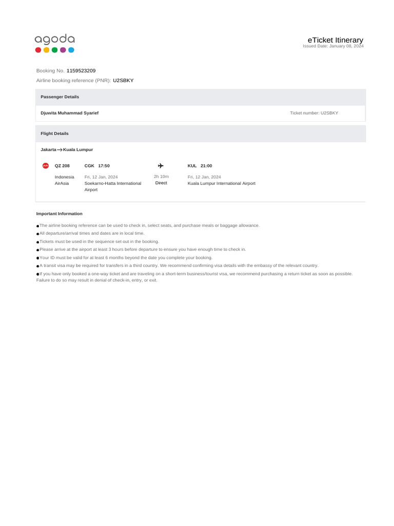 Agoda Booking ID 1159523209 Eticket 240108 232517 | PDF