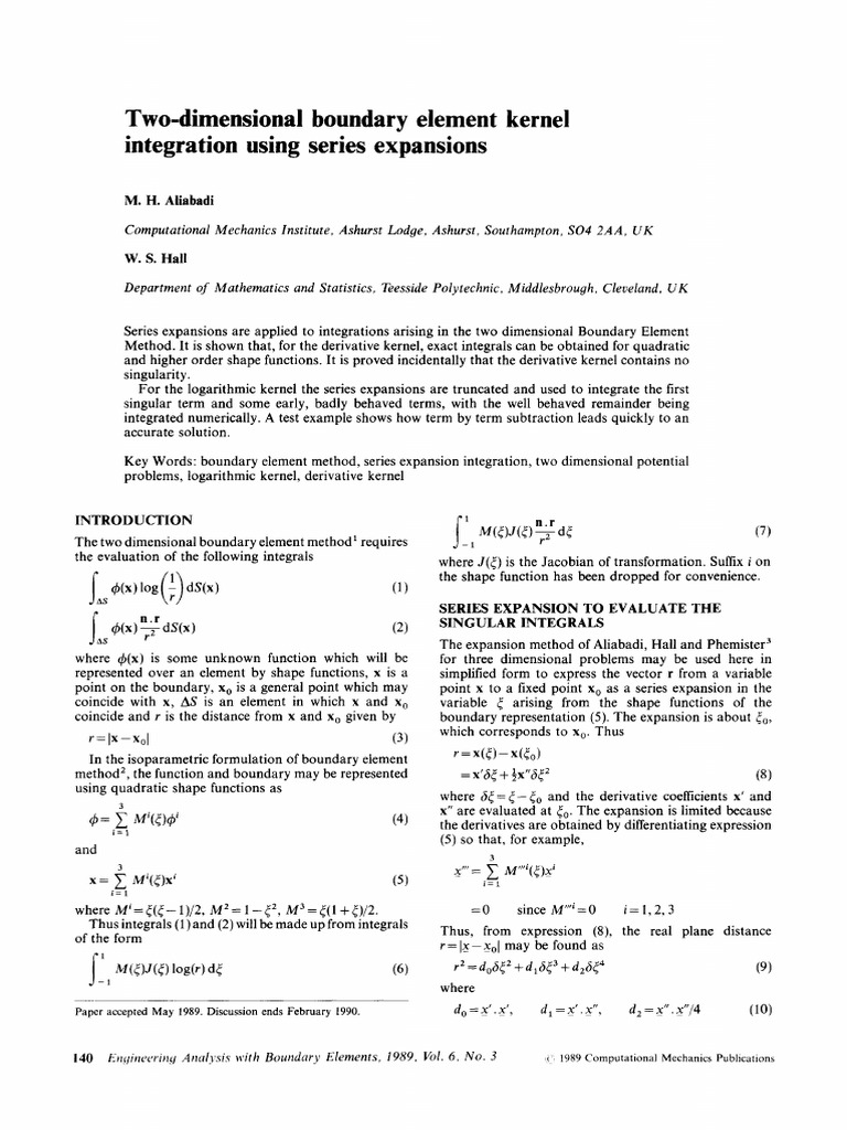 Two-Dimensional Boundary Element Kernel Integration Using Series Expansion ALIABADI & HALL | PDF ...