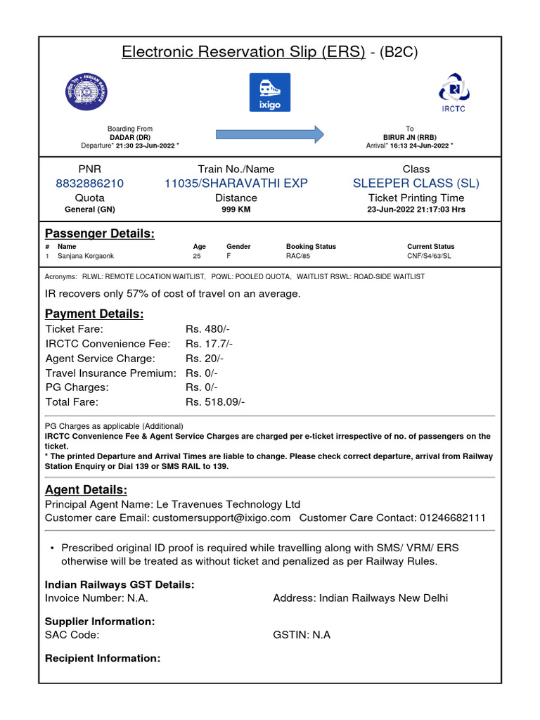 Electronic Reservation Slip (ERS) : 8832886210 11035/sharavathi Exp ...