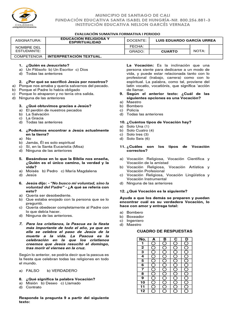 Evaluación Formativa Sumativa Edu Religiosa Y Espiritualidad 4084