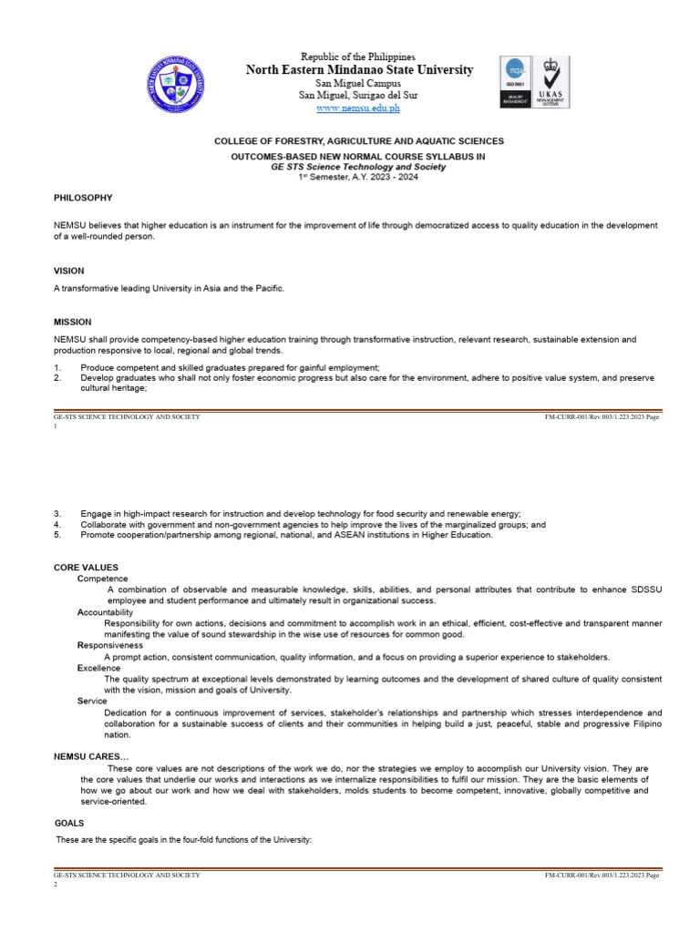 STS Syllabus | PDF | Science | Learning