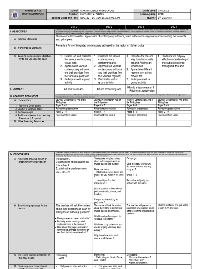 Contemporary Art Lesson Plan for Grade 12 | PDF