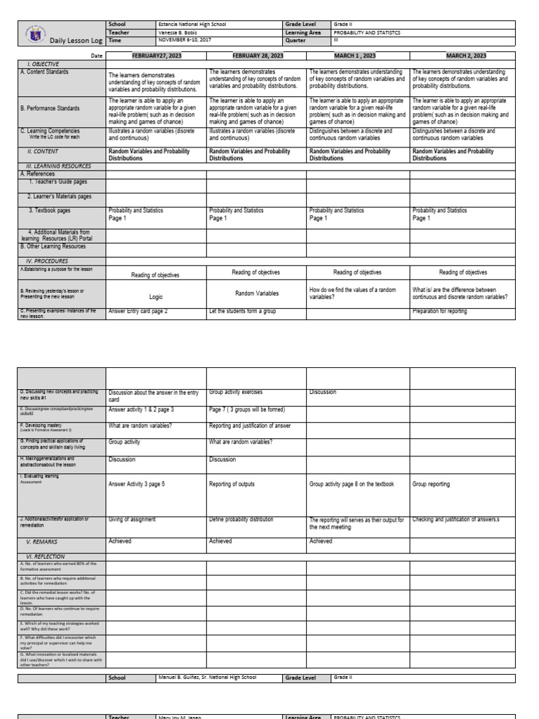 Daily Lesson Log Probability and Statistics | PDF | Normal Distribution ...