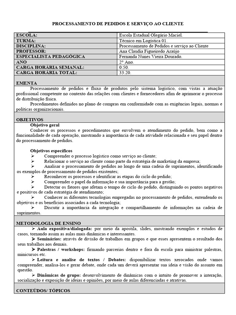 Processamento de Pedidos e Serviço Ao Cliente Plano de Aula | PDF