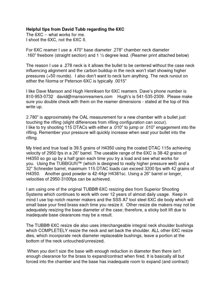 David Tubb's Recommendations For 6XC | PDF | Cartridge (Firearms) | Bullet