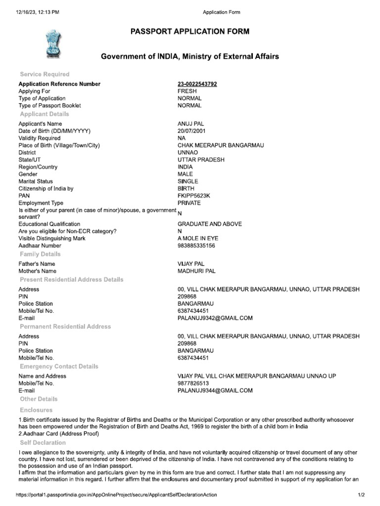 Anuj Passport Form 1 | PDF