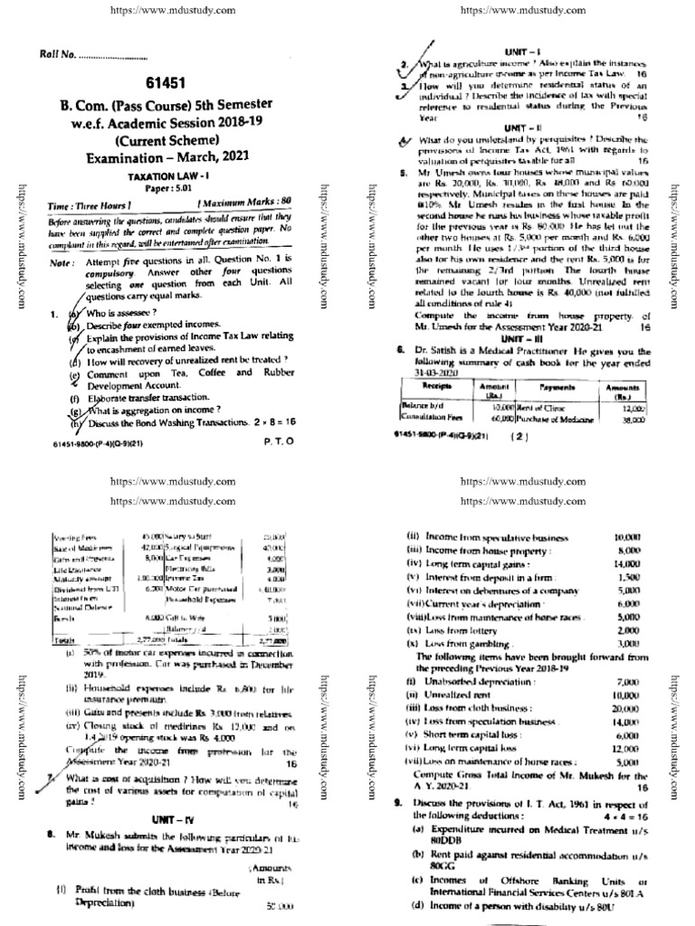 Bcom 5 Sem Pass Taxation Law 1 61451 Mar 2021 | PDF