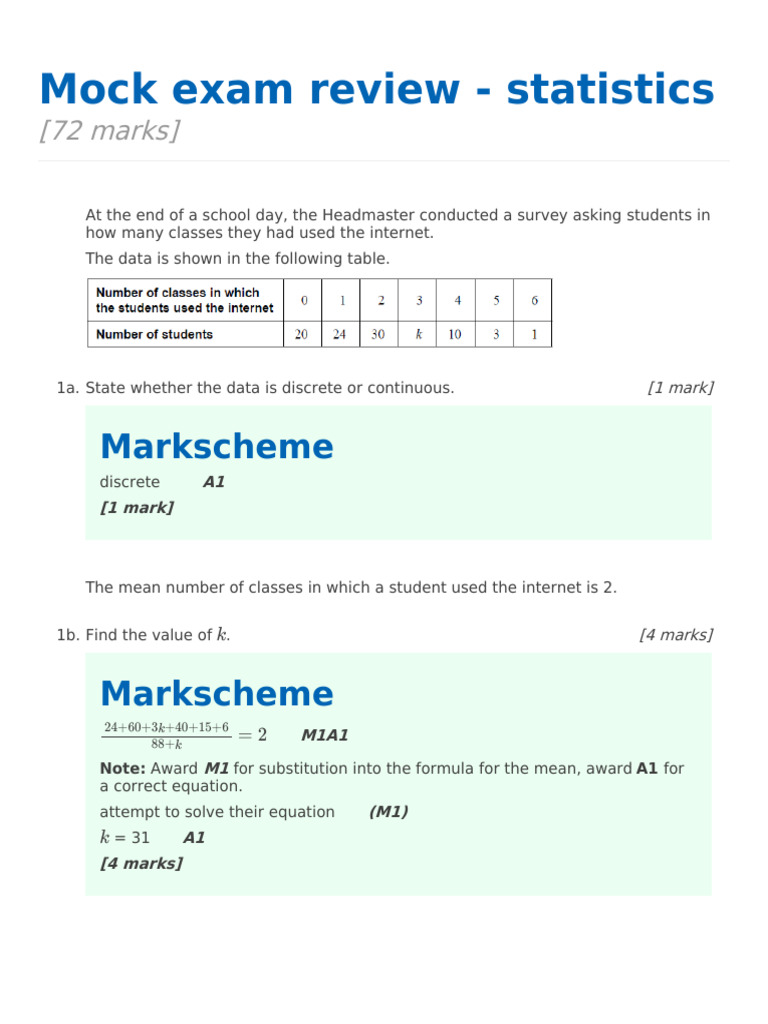 Mock Exam Review - Statistics-MARKSCHEME | PDF | P Value | Statistical ...