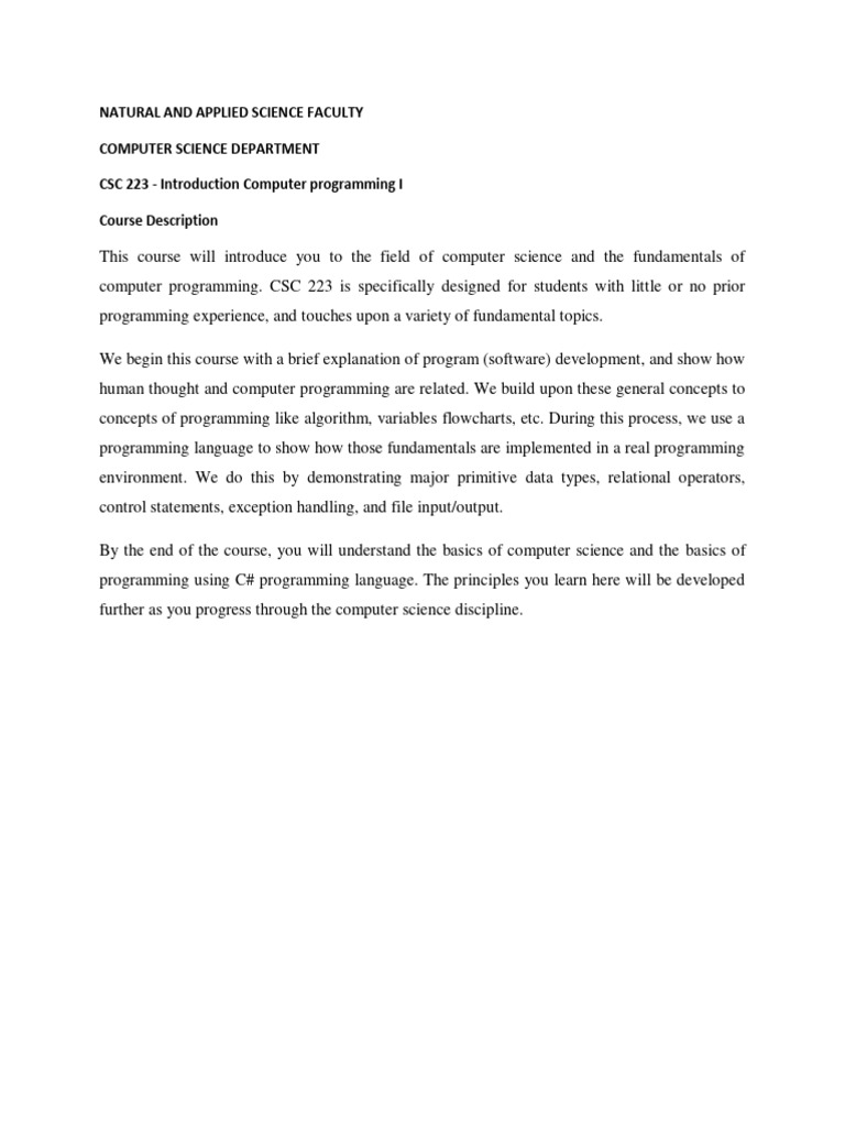 Csc 223 Computer Programming I Pdf Variable Computer Science Algorithms
