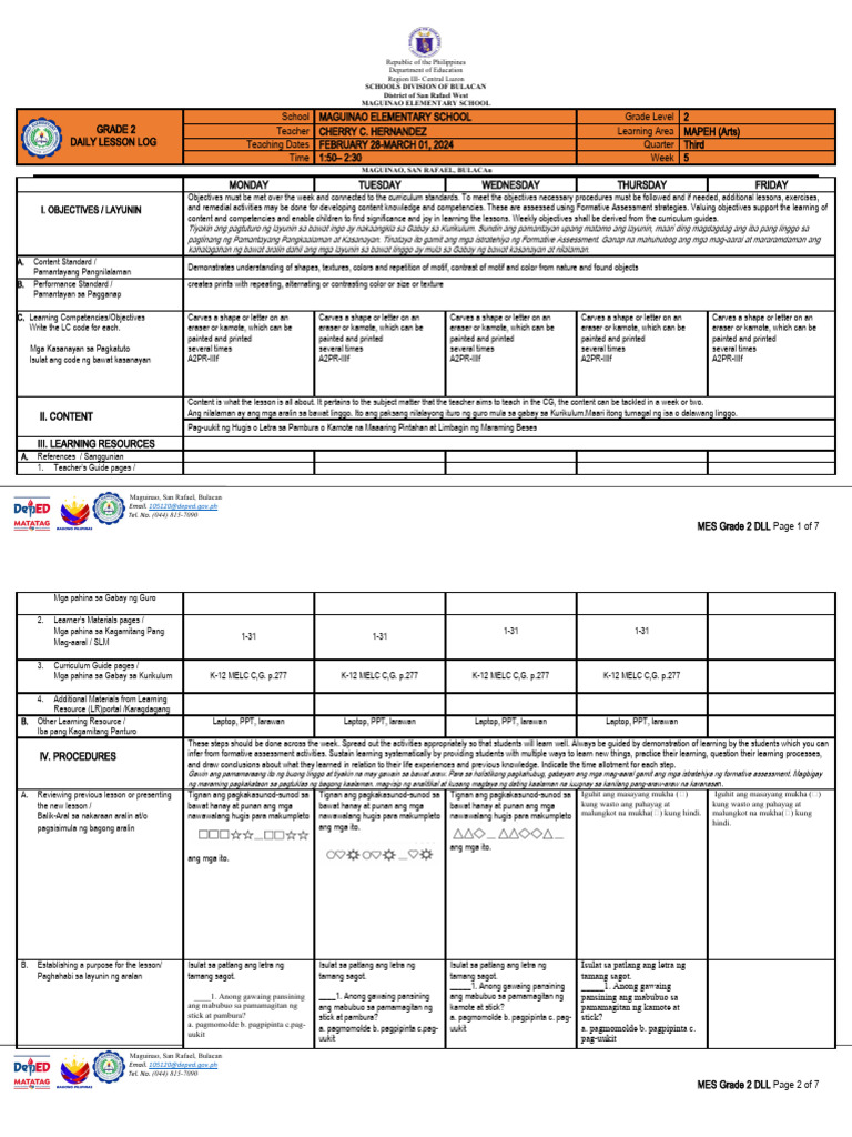 DLL Arts Q3 W5 | PDF | Psychological Theories | Learning