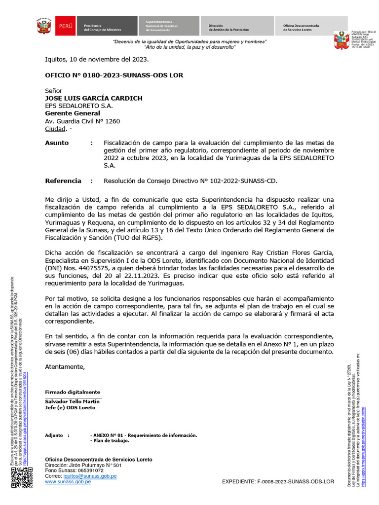 Oficio 180-Sunass-Ods-Lor - Inspección Yuri | PDF | Inversiones