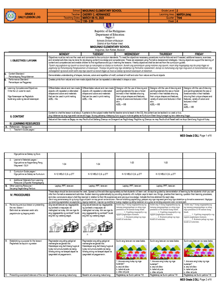 DLL-ARTS-Q3-W4 (1) | PDF | Differentiated Instruction | Learning