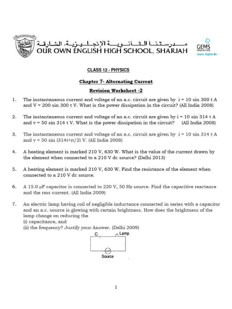 Chapter 7 - Revision Worksheet 2 - Alternating Current | PDF | Electrical Network | Inductor