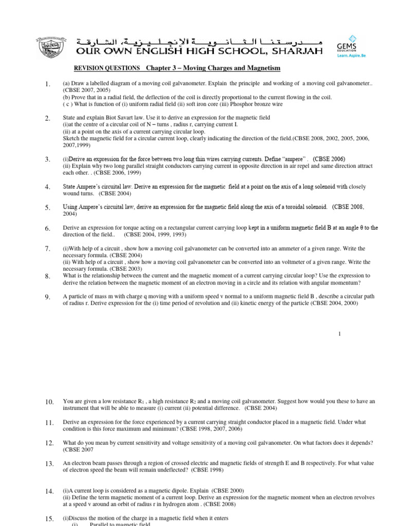 Chapter 4 - Theory Worksheet - Moving Charges and Magnetism | PDF | Magnetic Field | Electron