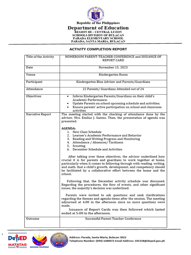 KINDER BLUE-ACR-Parent-Teacher-Conference-and-Issuance-of-Card-1st-QuarterR | PDF | Behavior ...