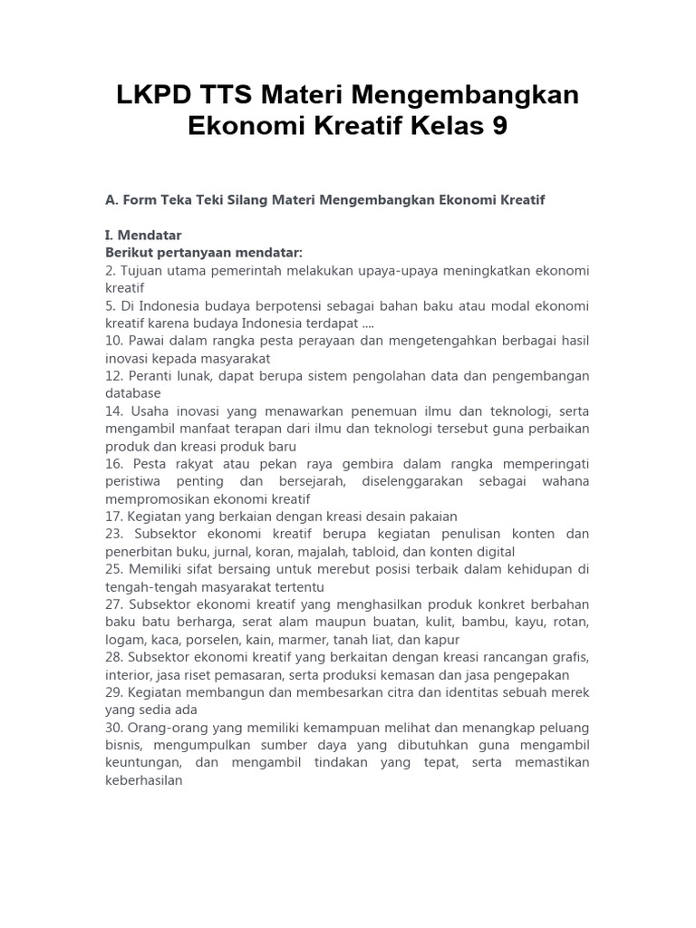 LKPD TTS Materi Mengembangkan Ekonomi Kreatif Kela | PDF