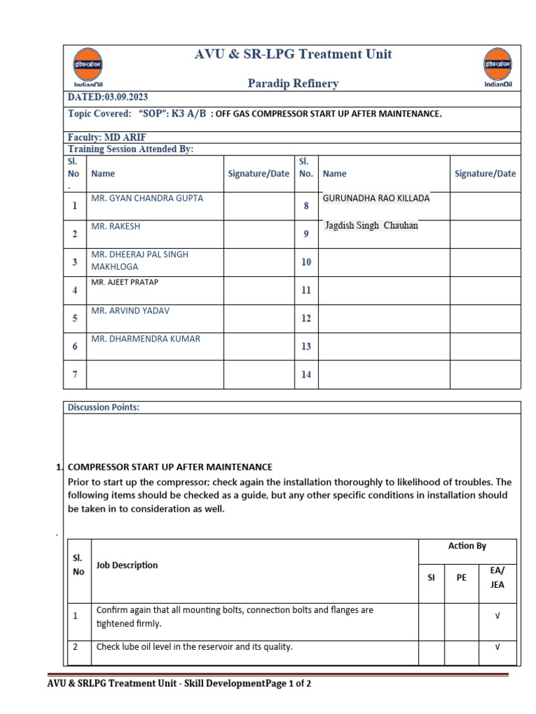 Sop of k3 A B Off Gas Compressor Start Up After Maintenance. | PDF ...